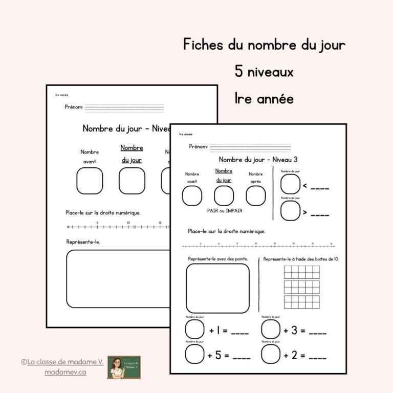 Fiches du nombre du jour (5 fiches) – 1re année – La classe de Madame V