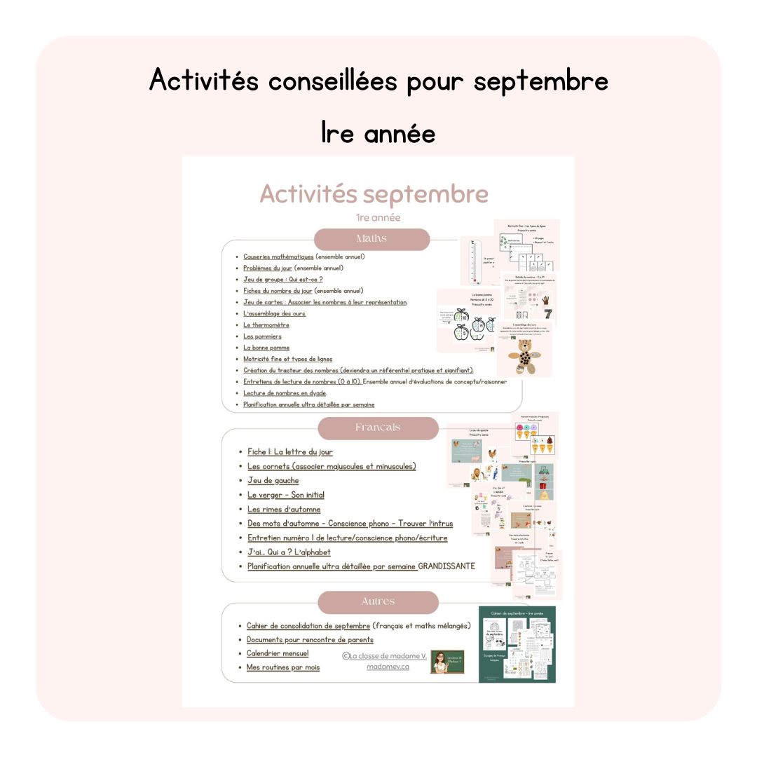 Activités conseillées pour septembre – 1re année – La classe de Madame V