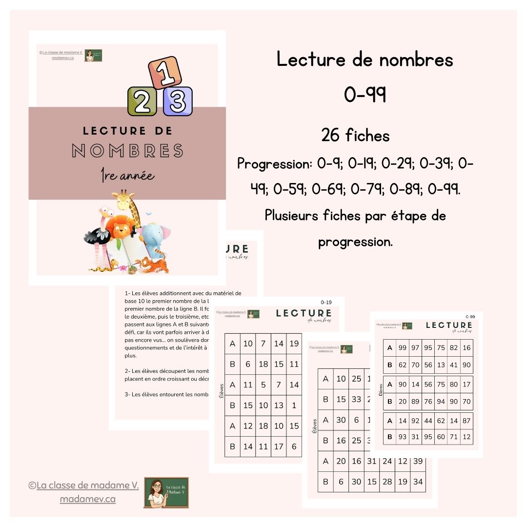 Fiches de lecture de nombres – 1re année – La classe de Madame V