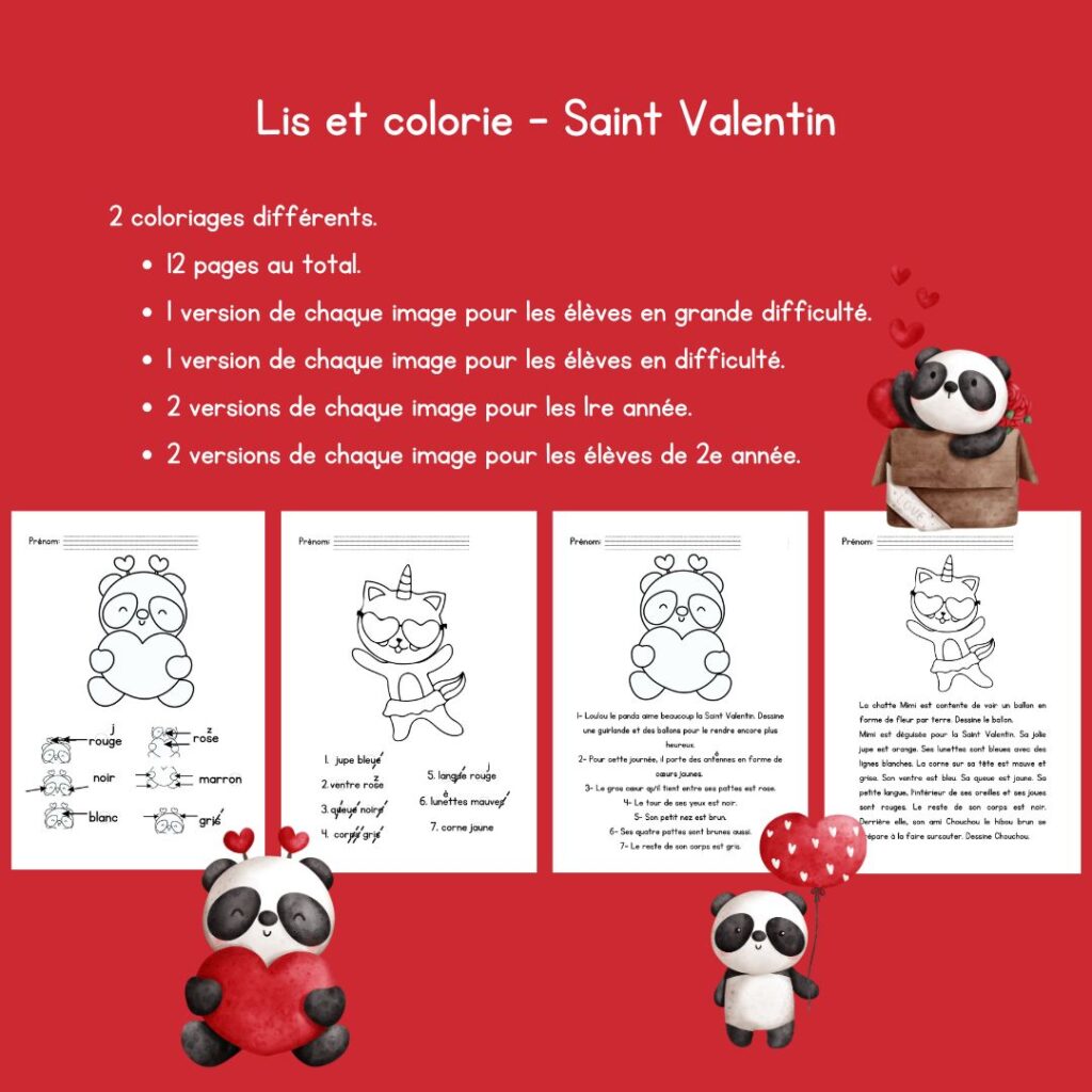 Lis et colorie Saint-Valentin – 1re et 2e année – La classe de Madame V