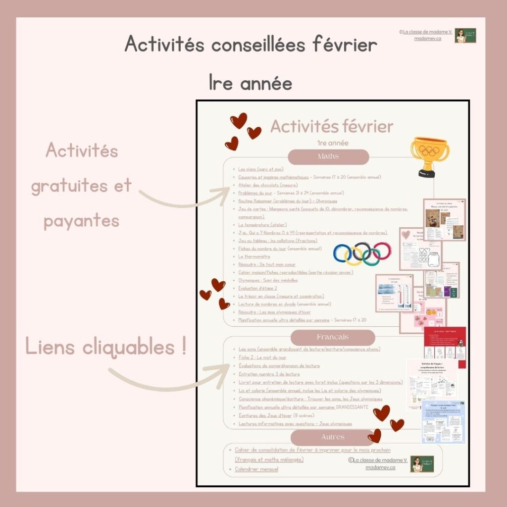 Activités conseillées pour février (1re année) – La classe de Madame V